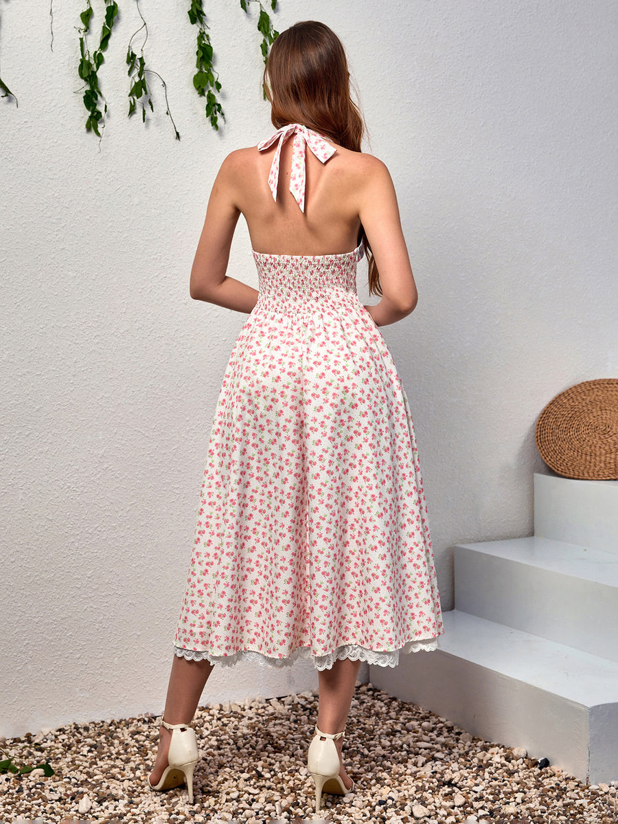 Deep V-Neck Halter Lace Spliced Floral Dress – Parthea Fashion