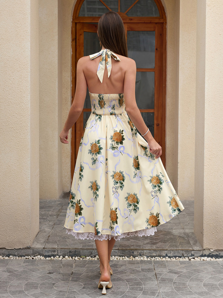 Deep V-Neck Halter Lace Spliced Floral Dress – Parthea Fashion