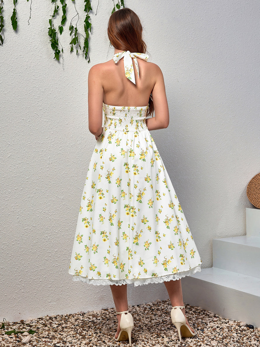 Deep V-Neck Halter Lace Spliced Floral Dress – Parthea Fashion