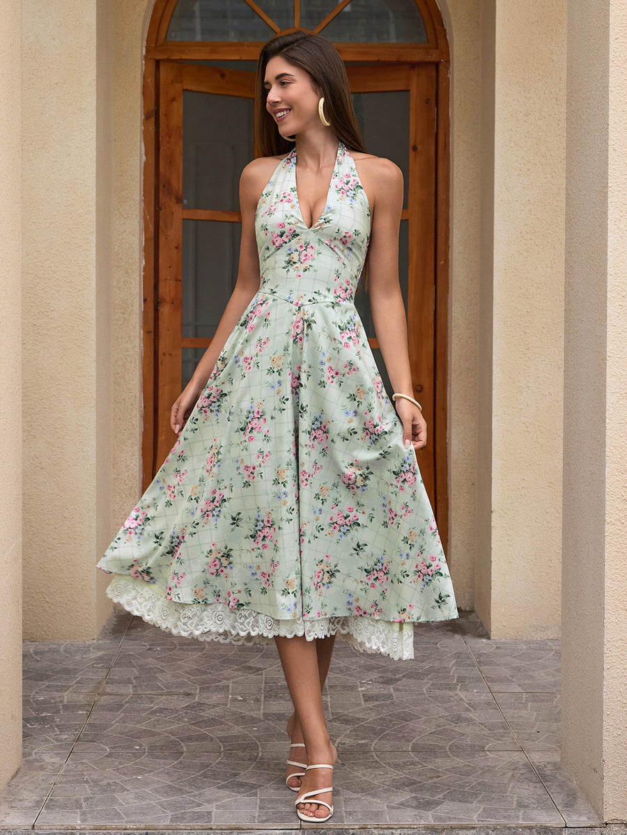 Deep V-Neck Halter Lace Spliced Floral Dress – Parthea Fashion