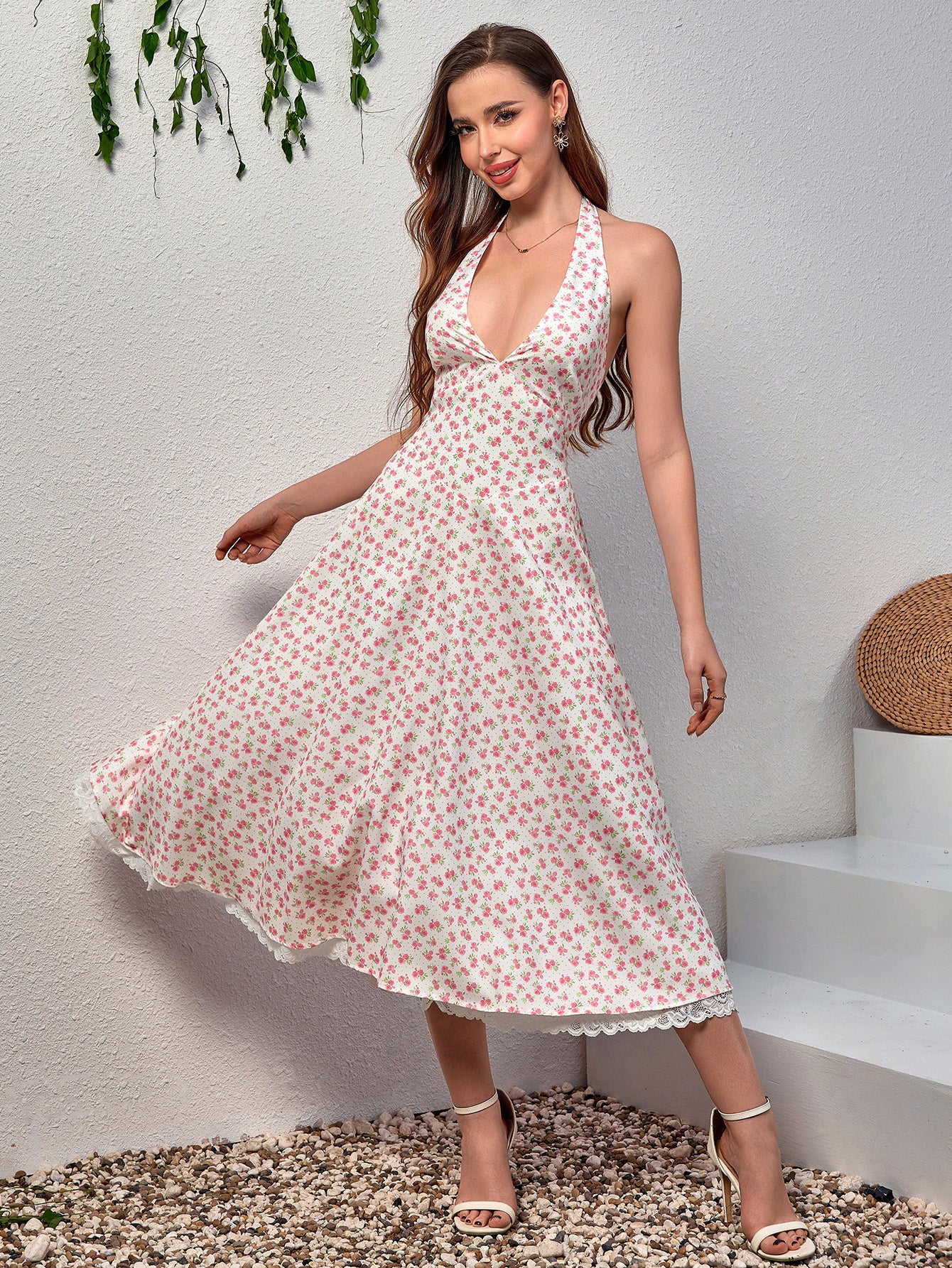 Deep V-Neck Halter Lace Spliced Floral Dress – Parthea Fashion