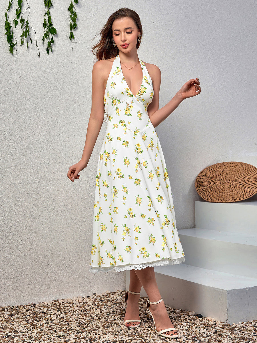 Deep V-Neck Halter Lace Spliced Floral Dress – Parthea Fashion