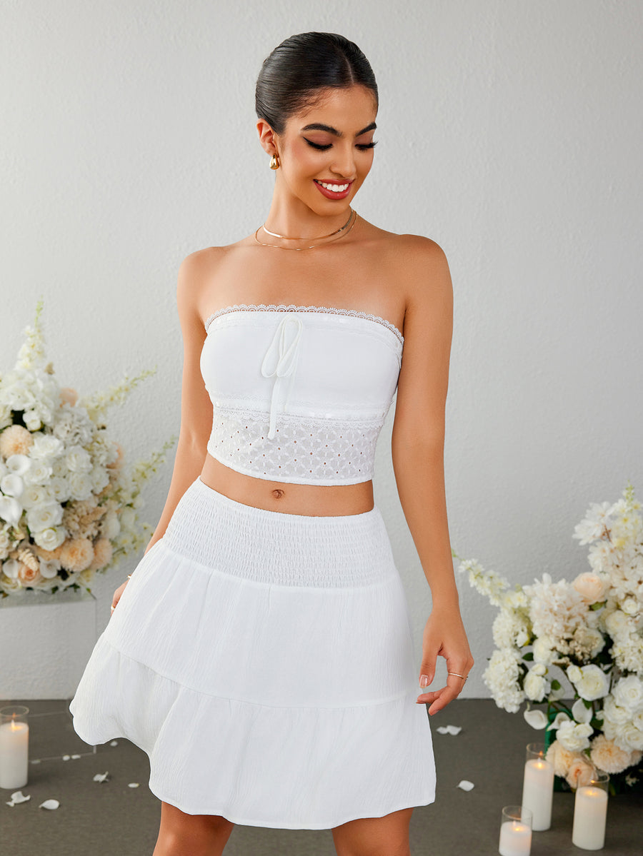Lace Trim Tie Front Ruffle Tube Top&Ruffle Flared Hem Skirt – Parthea ...