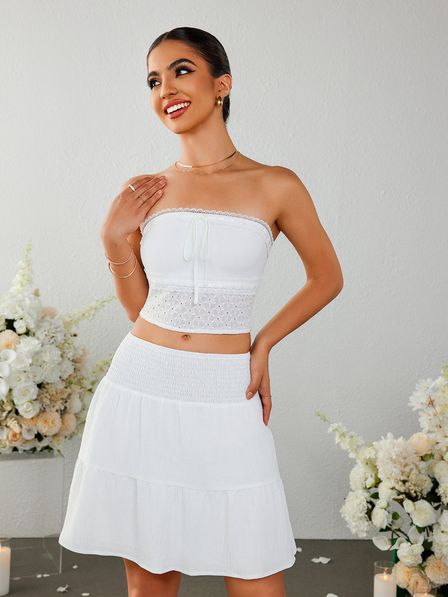 Lace Trim Tie Front Ruffle Tube Top&Ruffle Flared Hem Skirt – Parthea ...