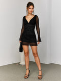 Sparkly Deep V-line Flounce Sleeve Mesh Dress – Parthea Fashion